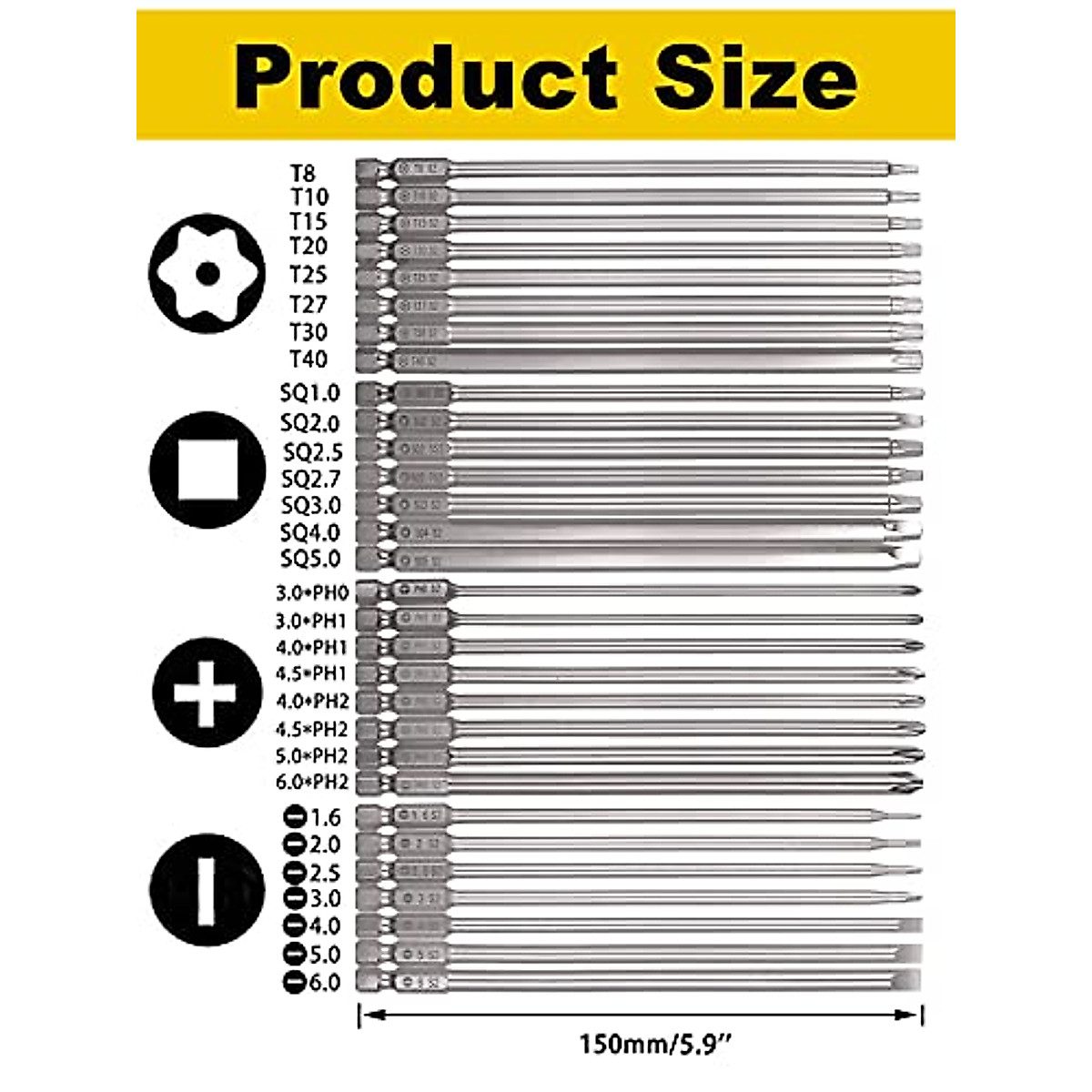 Rocaris 30 Pack 1/4 Inch Hex Shank Long Magnetic Screwdriver Bits Set 6 Inch Power Tools(Slotted+Cross+Square +Torx)