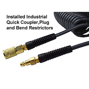 YOTOO Polyurethane Recoil Air Hose 3/8" Inner Diameter by 25' Long with Bend Restrictor, Repairable 1/4" Industrial Quick Coupler and Plug, Gray