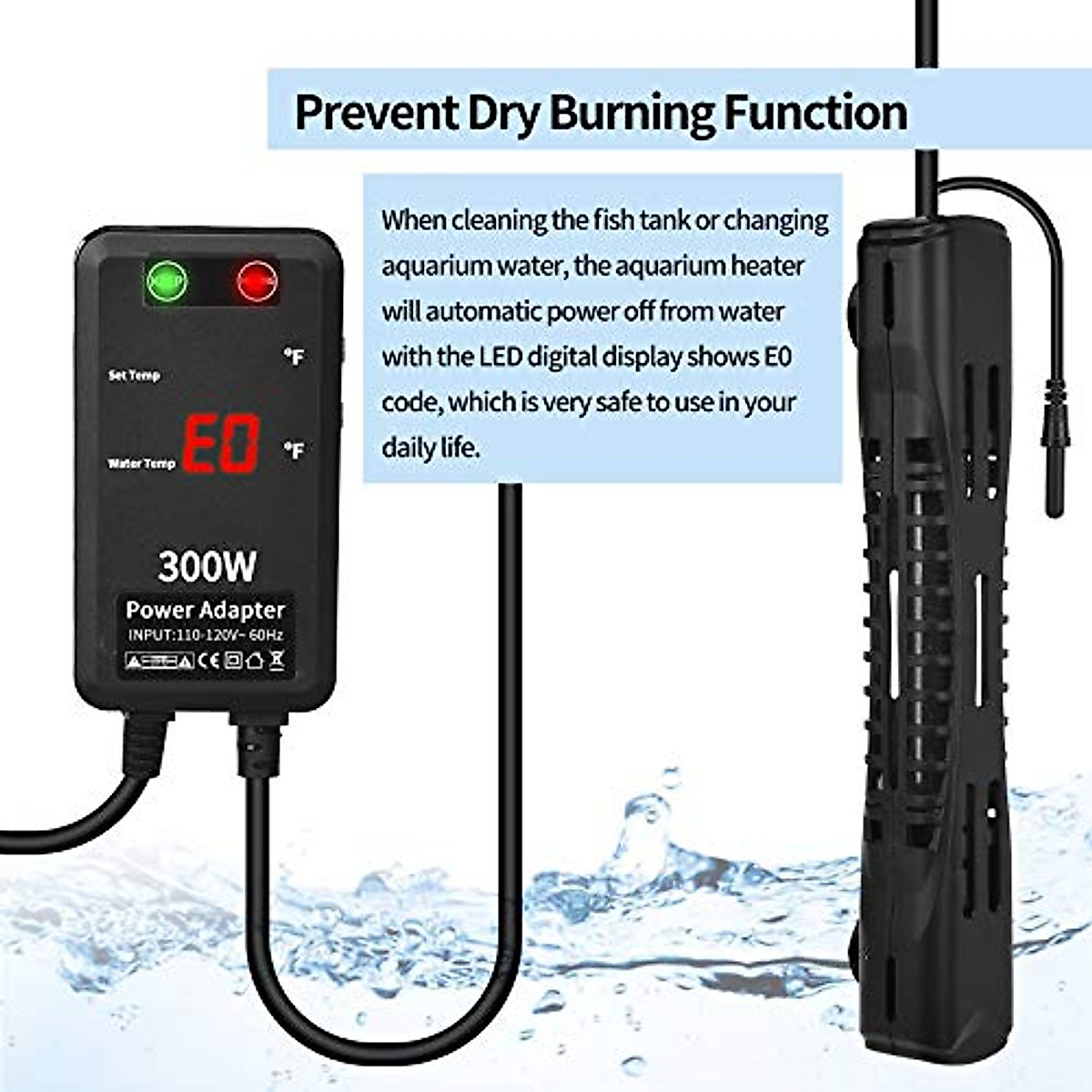 SZELAM Submersible Aquarium Heater,300W Fish Tank Heater with Intelligent Temperature Probe and 2 Suction Cups,Suitable for Marine Saltwater and Freshwater