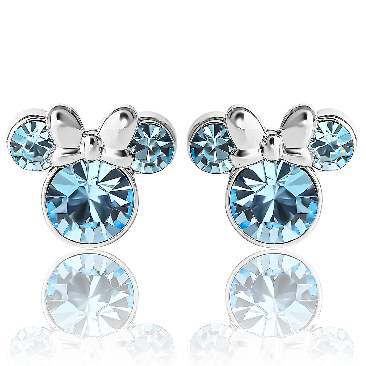 Disney Womens Minnie Mouse March Birthstone Stud Earrings - Minnie Mouse Earrings - Disney Jewelry (March-Aquamarine Crystal)