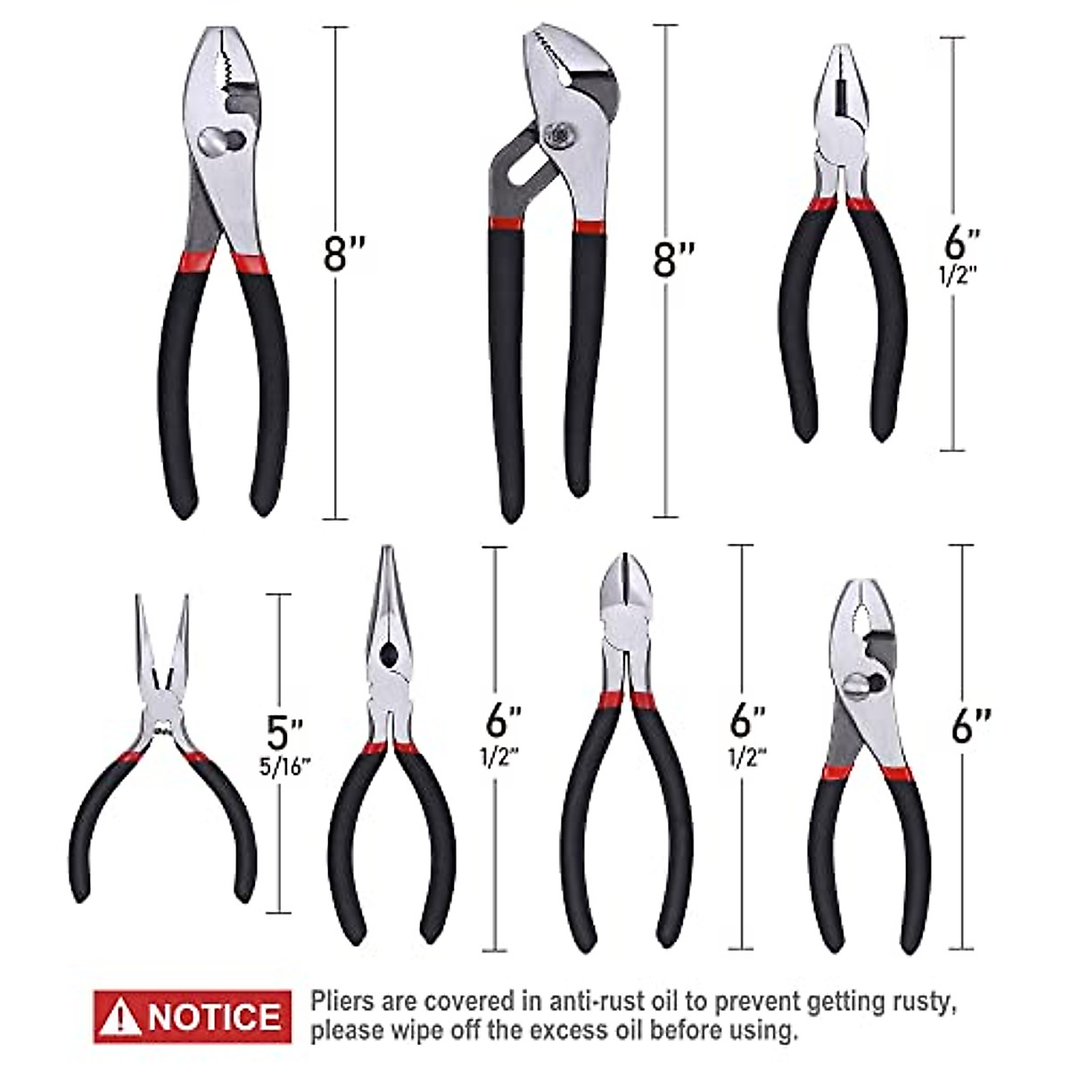 FASTPRO 7-piece Utility Pliers Set, Includes Slip Joint Pliers, Long Nose Pliers, Diagonal Pliers, Groove Joint Pliers, Linesman Pliers and Mini Long Nose Pliers, Dipped Handle