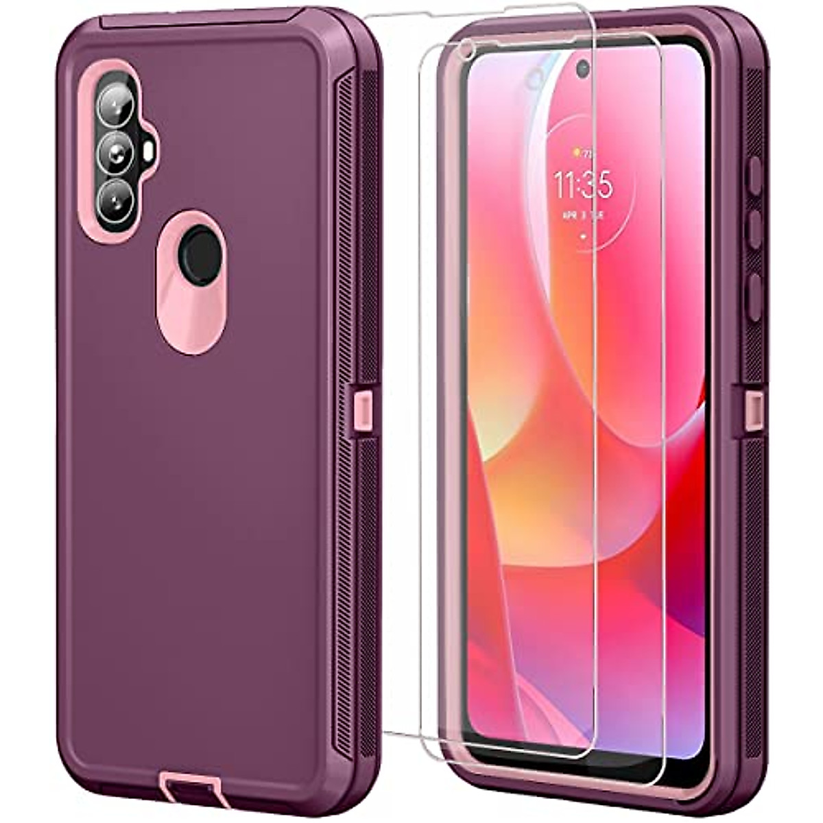 Qinmay Moto G Power 2022 WineRed-Pink Case: 3-in-1 Shockproof, Dustproof, Heavy Duty Protection with 2 HD Screen Protectors