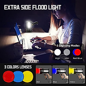 YIERBLUE Rechargeable Spotlight Flashlight with Solar Panels, 1000,000 High Lumen Outdoor Handheld Spot Lights and Flood Light, Foldable Stand and 3 Colors Lenses for Boating Hunting and Camping