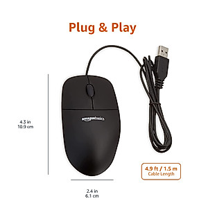 Amazon Basics 3-Button Wired USB Computer Mouse, Black