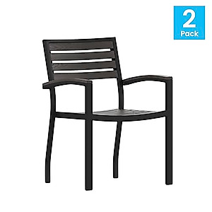 Flash Furniture Lark Set of 2 Stackable Aluminum Patio Chairs - All-Weather Black Framed Side Chairs with Gray Wash Faux Teak Slats - Commercial Grade