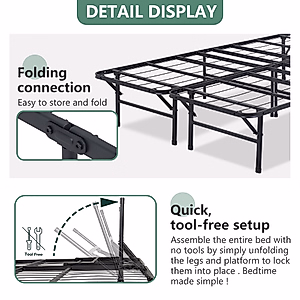 PayLessHere 14 Inch Metal Bed Frame Folding Bed Frame Heavy Duty Steel Slat Platform Bed Frame Mattress Foundation Box Spring Replacement Noise-Free Easy Assembly,Black Short Queen