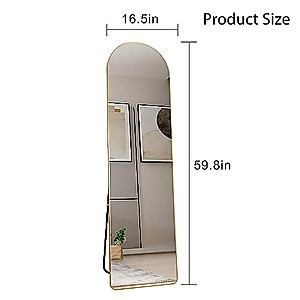 BOSTANA 59.9"x16.5"Arched Full Length Mirror,Aluminum Alloy Metal Frame Arched Wall Mirror,Wall Mirror Hanging or Leaning Standing Body Mirror with Stand for Bathroom,Cloakroom,Golden