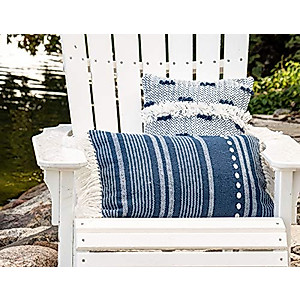 Foreside Home & Garden FIPL09778 Blue Decorative Woven 14x22 Outdoor Throw Pillow with Hand Tufted Fringe