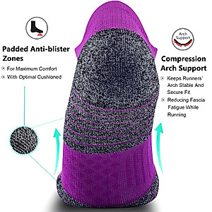 SITOISBE No Show Sports Compression Running Socks for Men Women Circulation 4-pairs, Low Cut Cushioned Socks Moisture Wicking Arch Support for Planter Faciatis Golf Exercise, Purple, Medium