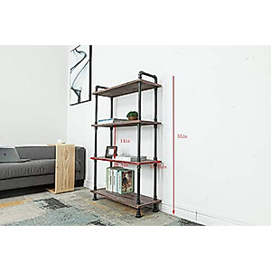 WGX Design For You Industrial Bookcase, Solid Pine Open Wood Shelves, Rustic Modern Industrial Pipe and Solid Wood Style Bookshelf (4-Layers)