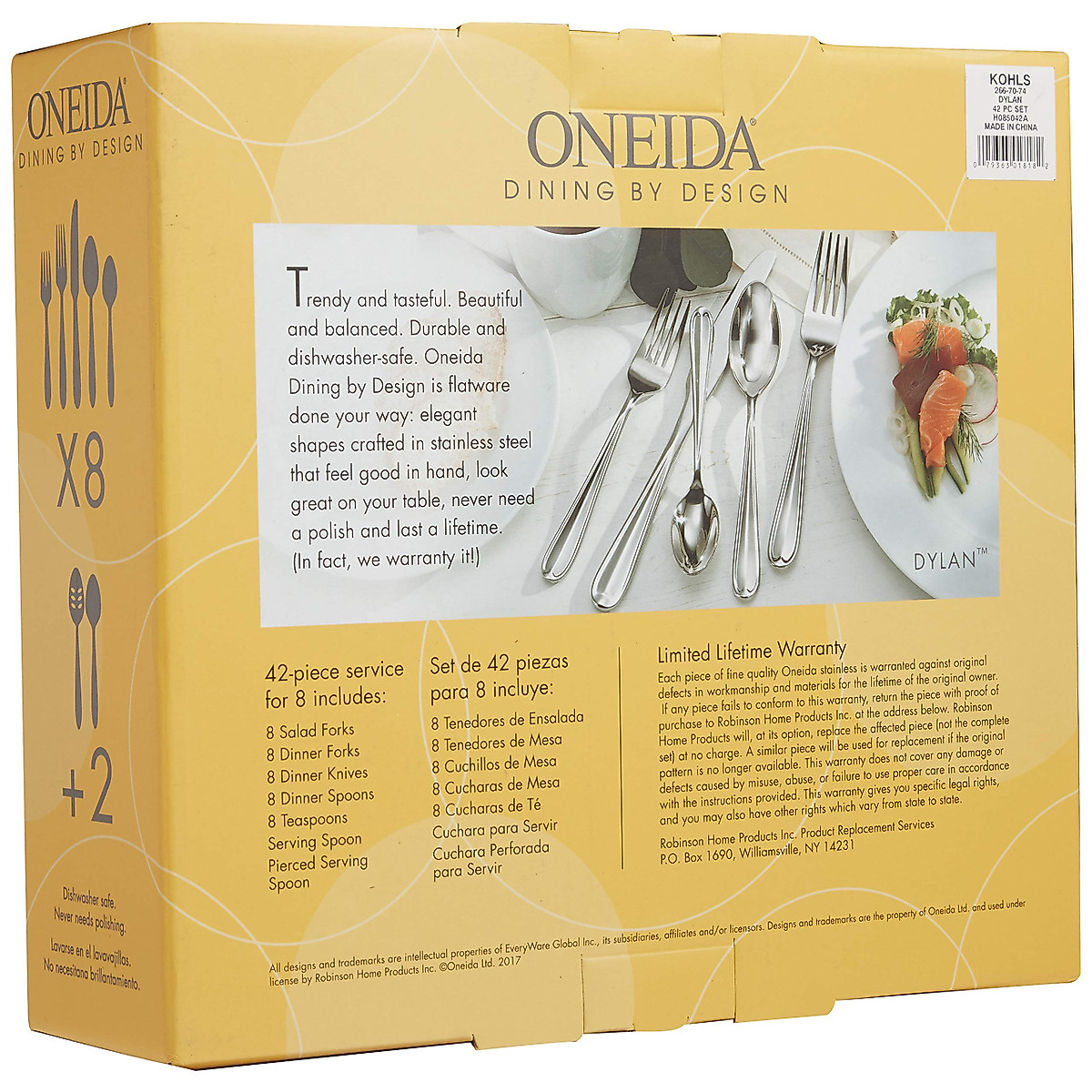 Oneida Dylan 42 Piece Everyday Flatware, Service for 8, 18/0 Stainless Steel, Silverware Set