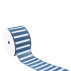 DINDOSAL Denim Blue Burlap Ribbon Wired Horizontal Stripe Wired Edge Ribbon Denim Ribbon for Gift Wrapping, Wreath Supplies, DIY Crafts, Topper Bows, Farmhouse Decorations, 2.5" x 10 Yards x 1 Roll