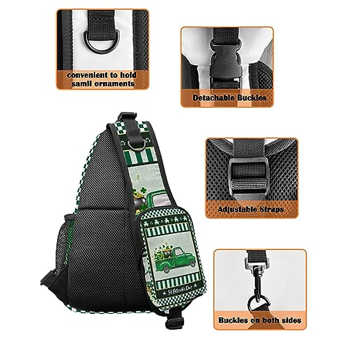 Gsypo Sling Backpack, St. Patrick's Day Truck Pull Shamrock Checkered Pattern Waterproof Lightweight Small Sling Bag, Travel Chest Bag Crossbody Shoulder Bag Hiking Daypack for Women Men