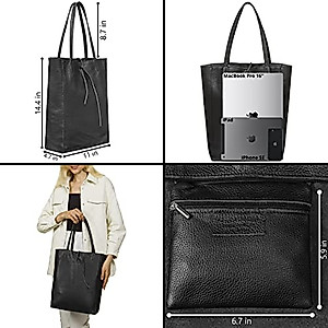 TAKEASY Women's Genuine Leather Italian Tote Bag with Zipper - Large Handbag for Shopping, Work and Travel (Black)