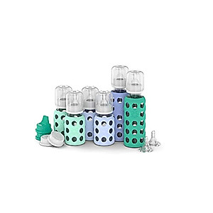 Lifefactory 6 Bottle Starter Set (4) 4-Ounce Baby Bottle in Mint/Blanket (2) 9-Ounce Baby Bottle in Kale/Blueberry (2) Flat Caps (2) Sippy Caps (2) Stage 2 Nipples, Mint/Blanket/Kale/Blueberry/White
