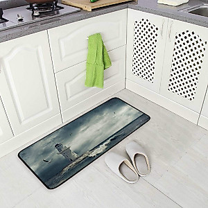 MOYYO Kitchen Mat Lighthouse On The Sea Kitchen Rug Mat Anti-Fatigue Comfort Floor Mat Non Slip Oil Stain Resistant Easy to Clean Kitchen Rug Bath Rug Carpet for Indoor Outdoor Doormat