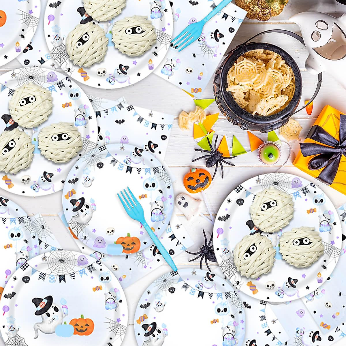 96Pcs Boy Halloween Baby Shower Party Supplies A Little Boo Birthday Tableware Set 9"& 7" Blue Ghost Spooktacular Paper Plates Napkins Forks Spoons for Halloween Party Decoration Serve 24 Guests
