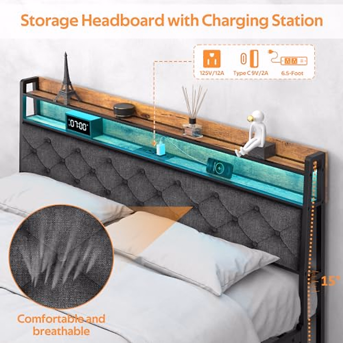 Winkalon King Bed Frame with Headboard, Bed Frame with Charging Station, Metal Platform Bed Frame King Size No Box Spring Needed, Modern Wood Upholstered Headboard and Under Bed Storage