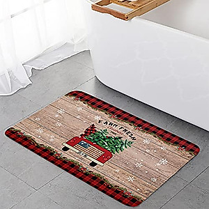 Kitchen Mat Rug Set of 2 Christmas Red Truck Xmas Tree Wood Grain Black Plaid Runner Rug Anti-Fatigue Comfort Memory Foam Standing Mat Non-Slip Floor Door Mat for Bathroom Bedroom 20x32in+20x63in