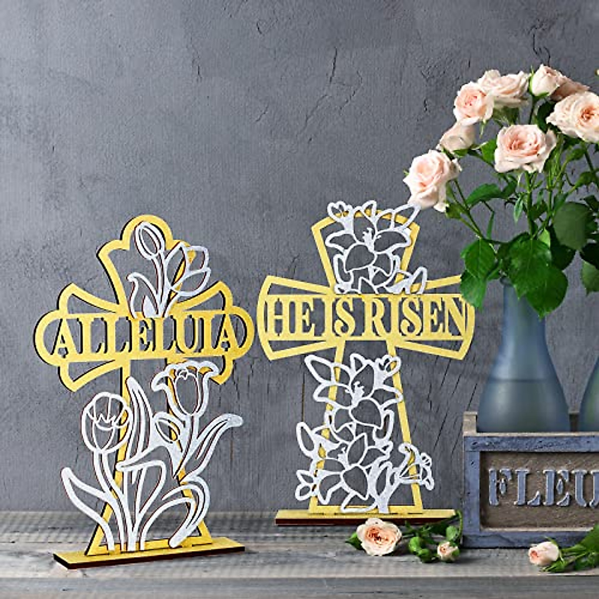 2 Pcs Easter Decorations Jesus Cross Sign Table Centerpieces Gold He Is Risen Cross Wood Tabletop 11in Alleluia Flower Christians Table Set Decor for Easter Tabletop Home Indoor Outdoor Spring Decor