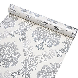 ZAMNEA Self-Adhesive Shelf Liners Paper, Removable Self Adhesive Shelf Liner Dresser Drawer Wall Stickers Home Decoration, Vintage Gray Damask 17.8 x 118 Inches