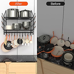 VyGrow 35 Inch Pot Rack Wall Mounted, 2 Tier Pots and Pans Organizer with 20 Hooks and 6 Pot Lid Holders, Heavy Duty Steel Pot and Pan Hanger for Kitchen Cookware Utensils Storage 34.7" Lx13 Wx26.4 H