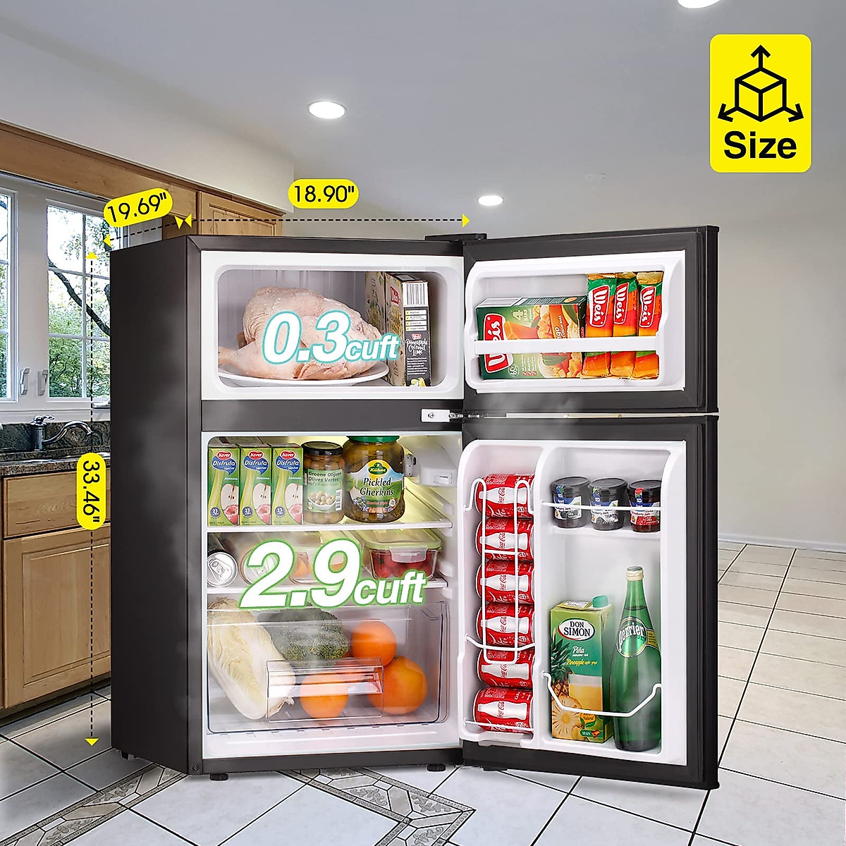 R.W.FLAME Mini Fridge 3.2 Cu.Ft Refrigerator with Freezer, Double Door, Energy Saving for Bedroom, Office, Home, (Black)