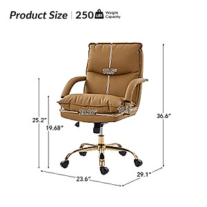 HULALA HOME Office Desk Chair, Leather Adjustable Swivel Computer Chair with Golden Legs and Padded Arms, Comfy Upholstered Task Chair, Camel