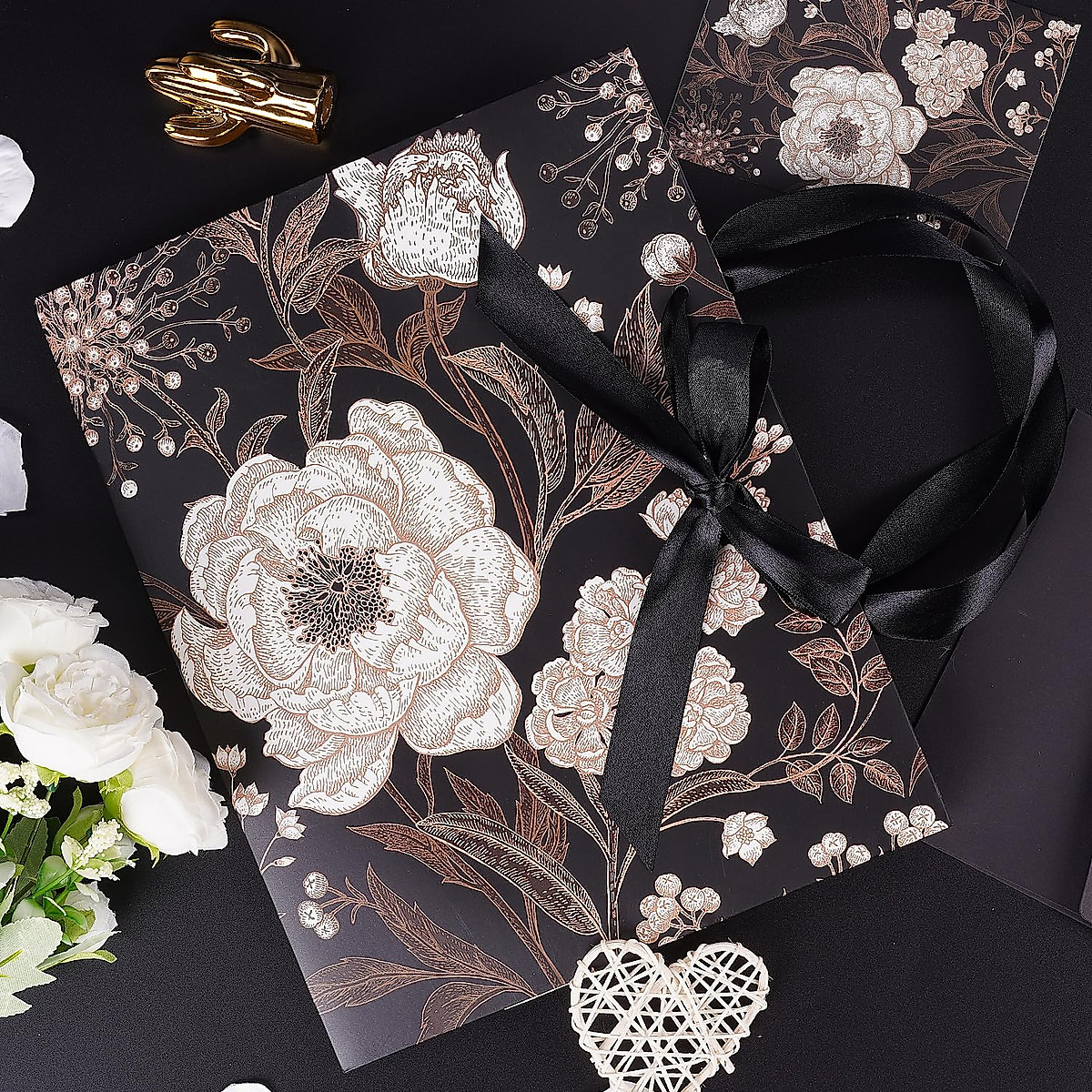 Jaywayang Large Black and Gold Vintage Floral Gift Bag with Card Ribbon and Tissue Paper for Wedding, Bridal Shower, Women Birthday, Mother's day, Anniversary- 12.6" x 10" x 5.1"