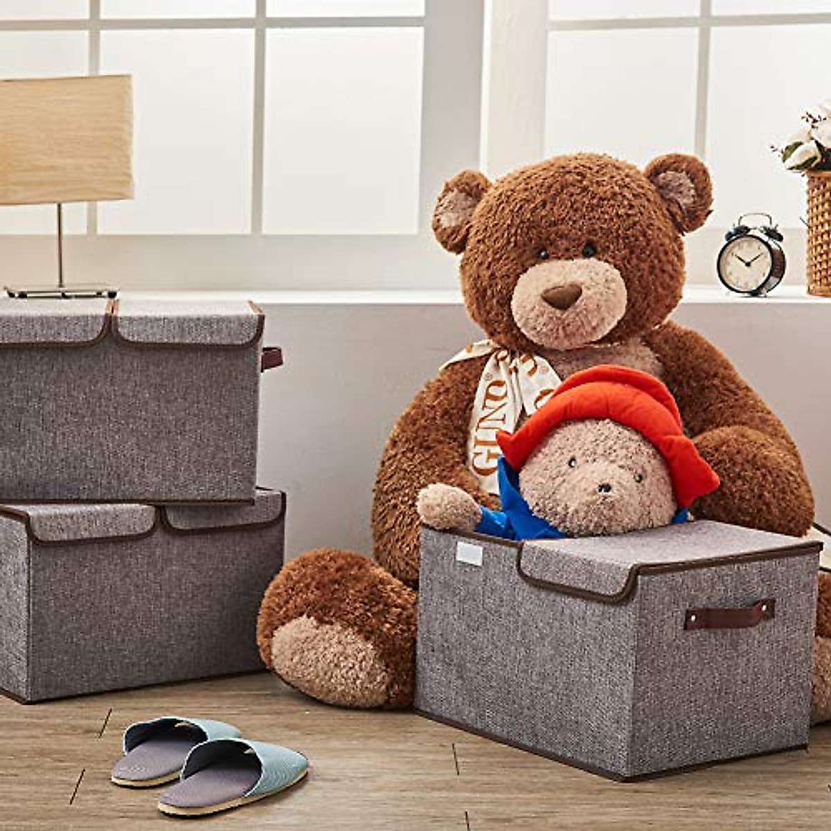 EZOWare Large Storage Boxes [3-Pack] Large Linen Fabric Foldable Storage Cubes Bin Box Containers with Lid and Handles for Nursery, Closet, Kids Room, Toys, Baby Products (Gray)