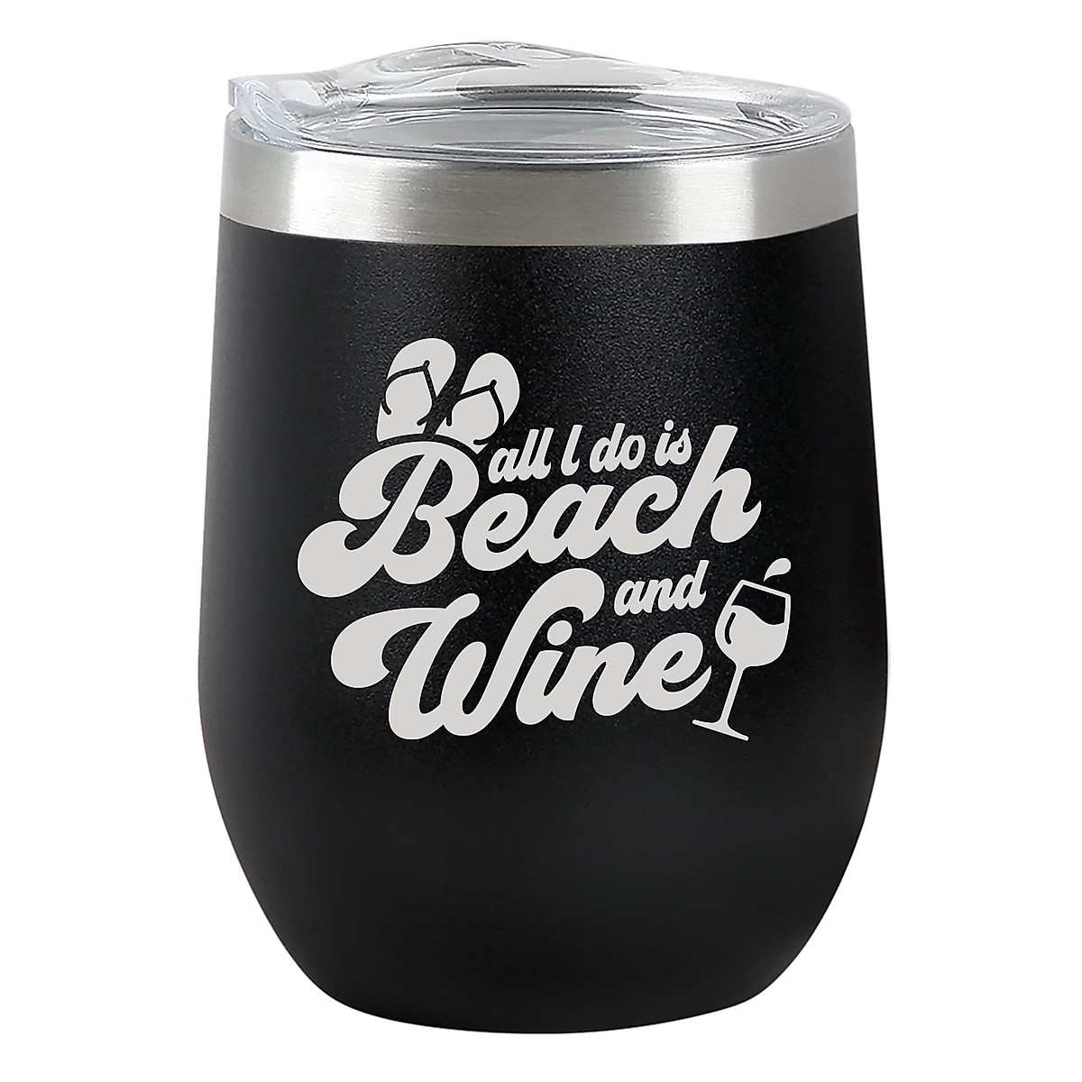 Chris's Stuff 12 oz Wine Tumbler - Iced Coffee Mug with Splash-Proof Lid Stainless Steel Double Wall Vacuum Insulated with Inner Layer Copper Keep Drinks Cold/Hot - Quote: Beach and Wine (Black)