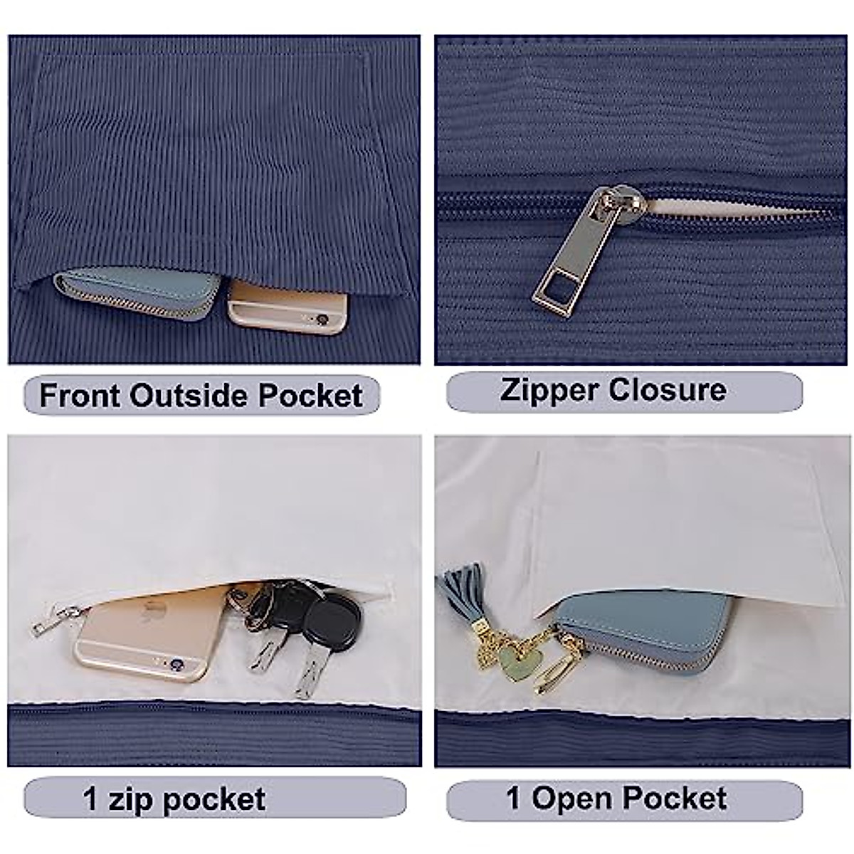 Corduroy Tote Bag for Women Girl with Front Pocket and Zipper Shoulder Handbags Simple Canvas Purse, Grey