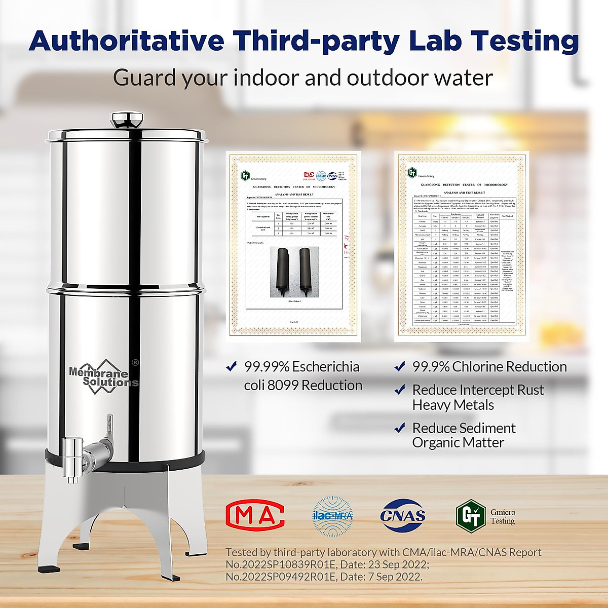 Membrane Solutions UV Countertop Water Filtration System, Stainless Steel 2.25G Gravity Water Filter with 3 Pack 0.1-Micron UF Filters, for Home, Camping, and RVing (U3P)
