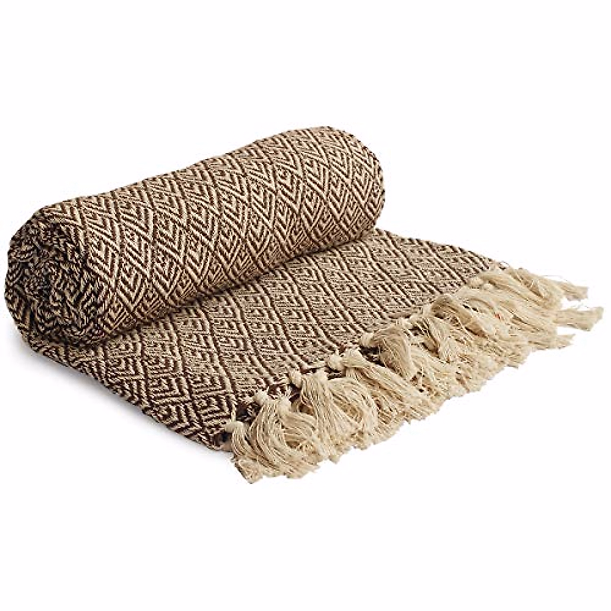 Brown Cotton Throw Blanket - Chevron Pattern with Decorative Fringe - Farmhouse Stripped Throws for Couch Bed Sofa Chair Beach Camping - Lightweight Warm Soft Cozy Soft - Home Living Room Decor