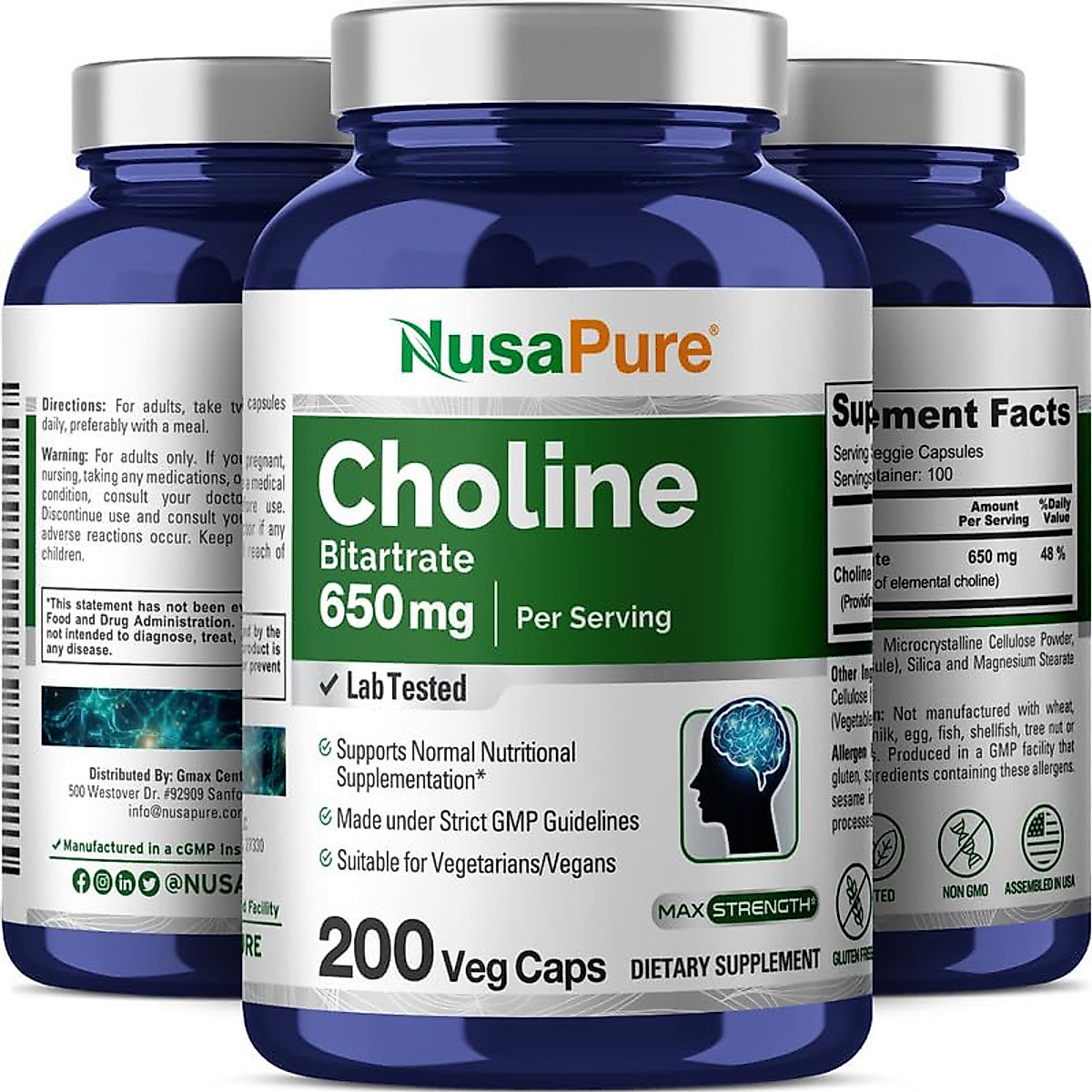 NusaPure Choline Bitartrate 650 mg 200 Veggie Capsules (Vegetarian, Non-GMO, Vegan)