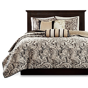 Madison Park Quilt Traditional Damask Design All Season, Lightweight Coverlet Bedspread Bedding Set, Matching Shams, Pillows, Full/Queen(90"x90"), Black