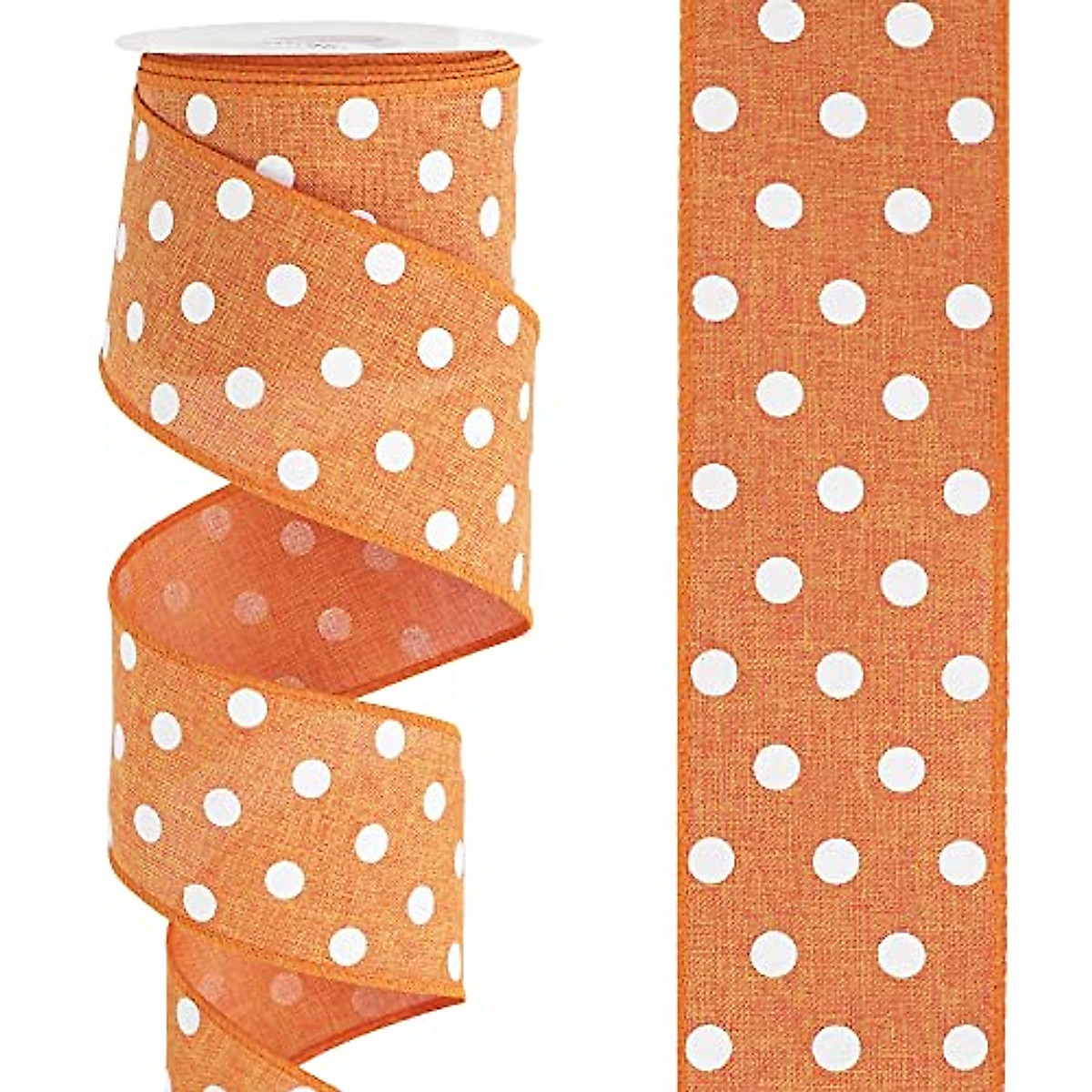 HUIHUANG Orange Polka Dot Wired Ribbon Orange and White Dot Ribbon Wired Edge Burlap Ribbon, 2.5 inch X 10 Yards Wreath Ribbon with Wire for Crafts Fall Wreath Supplies Gift Wrapping Basket Bows Decor