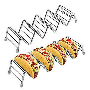 4 Pack Taco Holder Space for 16 to 20 Tacos, Stainless Steel Rustproof Taco Stand Rack Holds Up to 4-5 Tacos Each, Taco Baking Tray for Soft Hard Taco Shells w/Silicone Protective Tips, Oven Safe Use