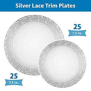 Elegant Plastic Dinner Plates Set China Link Disposable Dinnerware Set With Beautiful White Silver Lace Rims Plate Set Comes With 25 Dinner 10.25'' Plates 25 Salad Plates 25 7.25''