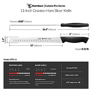 HUMBEE Chef 11-Inch Carving Knife with Granton Edge for Turkey Ham Meat Slicing and cutting NSF Certified CP5-11 Black