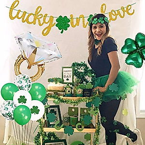 St. Patrick's Day Lucky in Love Decorations Set - Lucky in Love Banner, Love Shamrock Cake Toppers and Balloons, Diamond Ring Foil Balloon for Irish Theme Bridal Shower, Bachelorette, Wedding Party