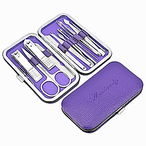 Manicure Set, 12 PCS Stainless Steel Manicure Kit with Fingernail Clippers and Toenail Clippers, Personal Care Nail Clipper Set with Leather Case for Women & Men (Purple) (12 Piece Set)
