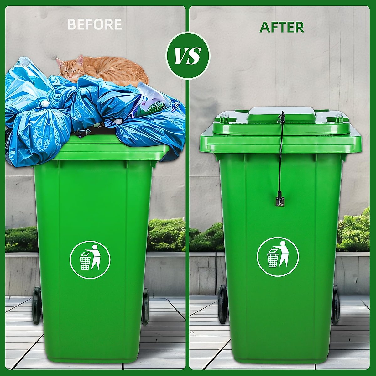 KKzozs Trash can lid Lock,Garbage can Locks for Animals 1-Pack Universal Semi-Automatic Trash can Lock Strong Wire Rope Protects Against Small Creatures Including Raccoons, Squirrels, and high Winds