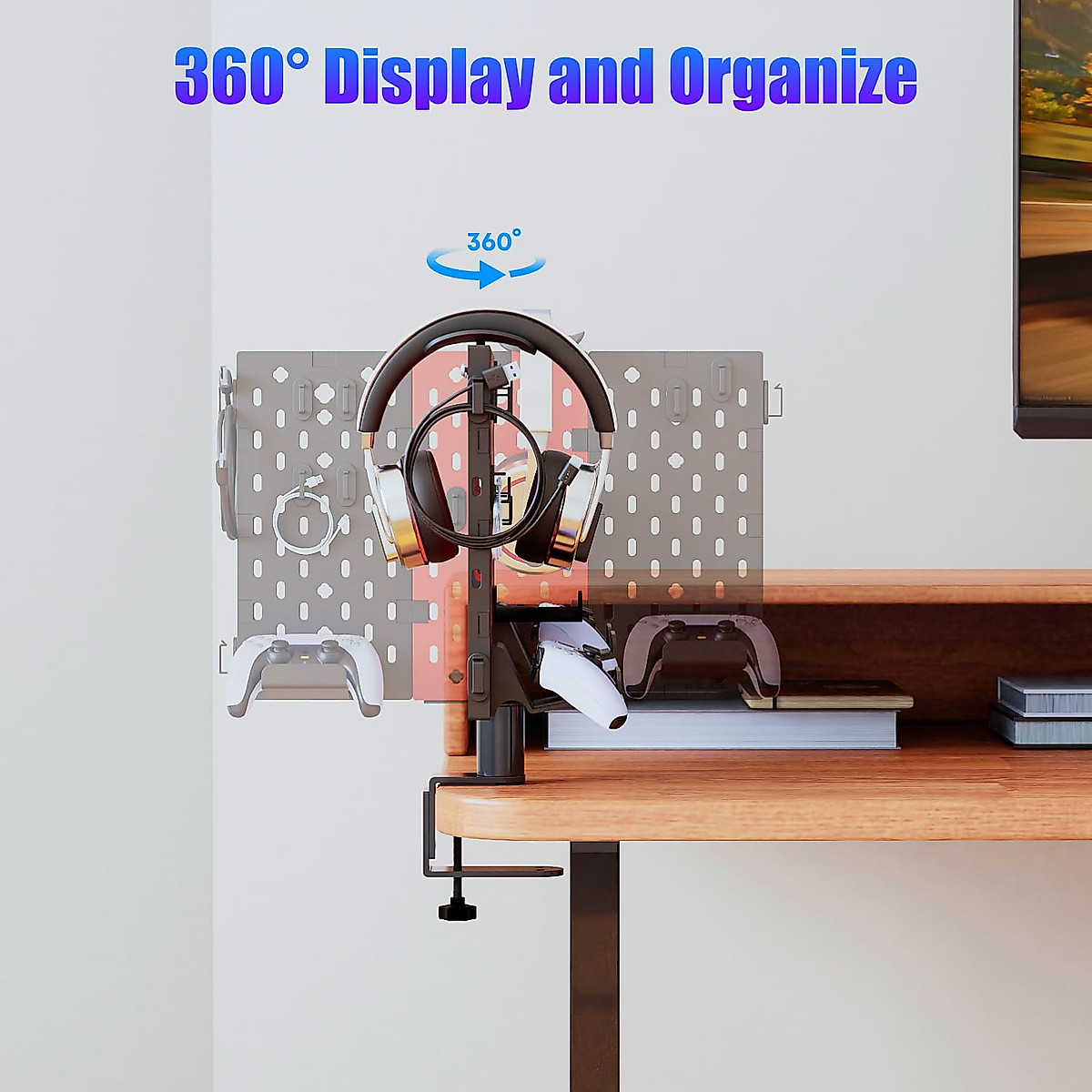 PUTORSEN Headphone and Controller Holder for Desk, Rotatable DIY Modular Headphones Holder & Controller Stand with Cable Hooks, Clamped Above/Under Desk for Xbox PS5 PS4 Switch Controller