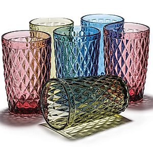 ZOOFOX Set of 6 Colored Drinking Glasses, 12oz Embossed Tumblers with Heavy Base, BPA-Free, Vintage Glassware Set for Wedding or Parties