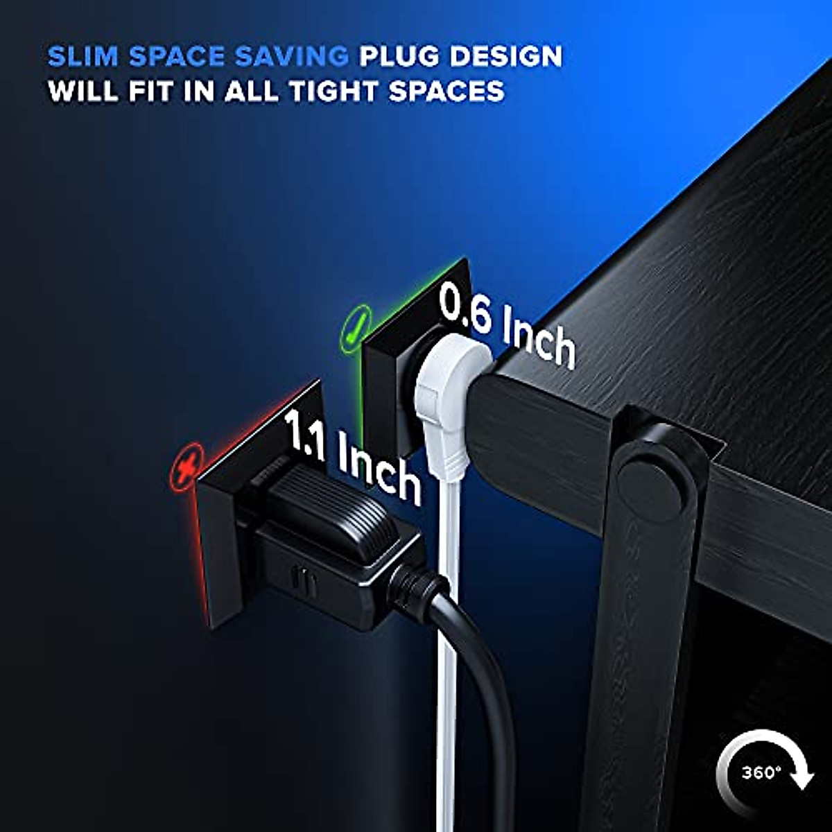 Maximm Cable 10 Ft 360° Rotating Flat Plug Extension Cord/Wire, 16 AWG Multi 3 Outlet Extension Wire, 3 Prong Grounded Wire - White - UL Certified