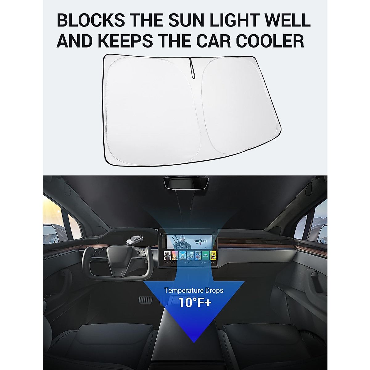 BASENOR Tesla Model X Windshield Sunshade Folding Sun Visor Protector Sun Shade Cover with a Storage Bag Fit Model X 2021-2024