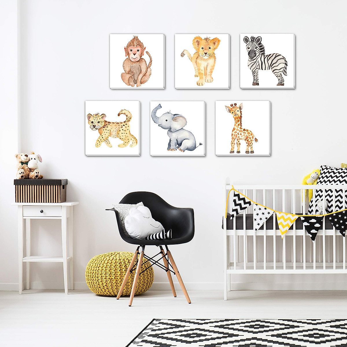 TEXTURE OF DREAMS Watercolor Cute Baby Africa Jungle Animals Print on Canvas Wall Art, Lion Monkey Elephant Giraffe Leopard Zebra, Safari Wild Animals Nursery Boy Room Decor 6 Pack (10" x 10")