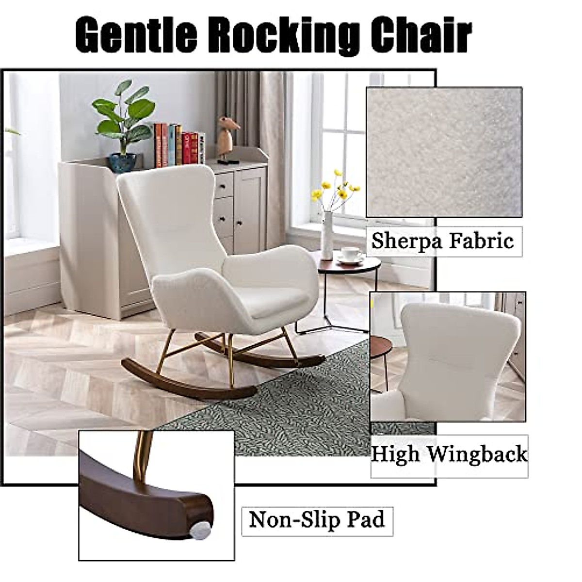 DM Furniture Sherpa Rocking Accent Chair Upholstered Nursery Glider Rocker for Baby Nursing Comfy Lounge Chair with Gold Legs for Living Room Bedroom, White