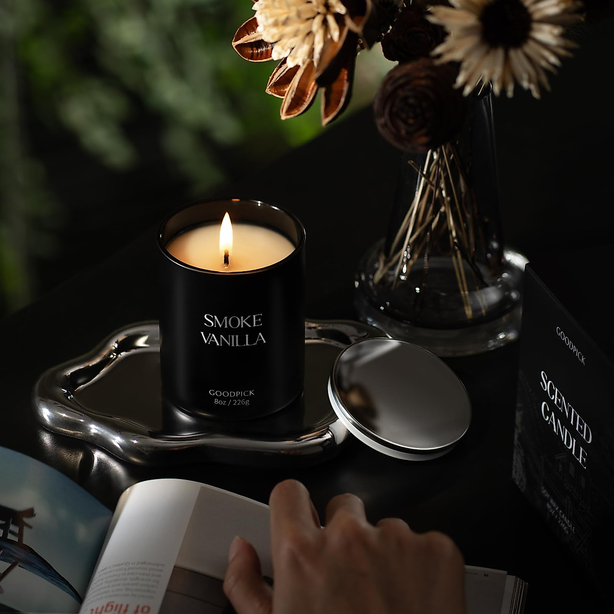 Goodpick Smoke Vanilla Tobacco Scented Candle, Candles for Men, Modern Candles for Home Scented, Masculine Soy Candle, Luxury, Home Decor, Gift for Men, Birthday, Anniversary, 8oz 45-55 Hours Burn